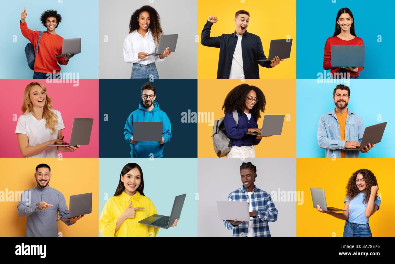 Diverse group of people engaging with laptops in vibrant backgrounds ...