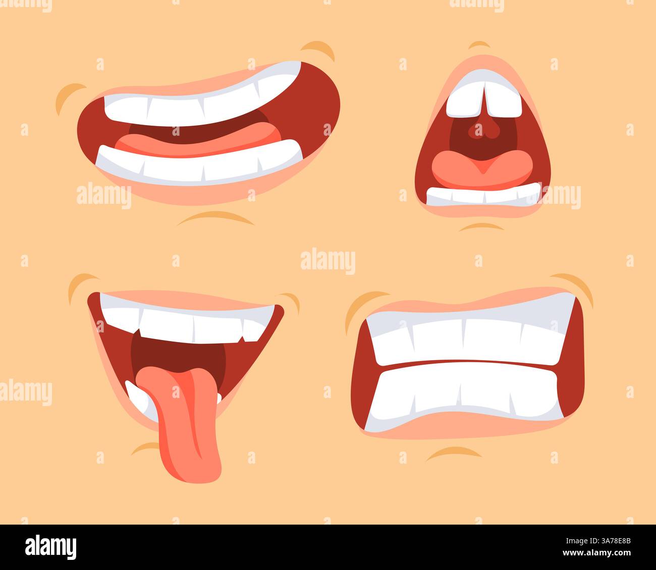 Funny mouths set. Talking mouth and lips. Smile with teeth, angry and ...