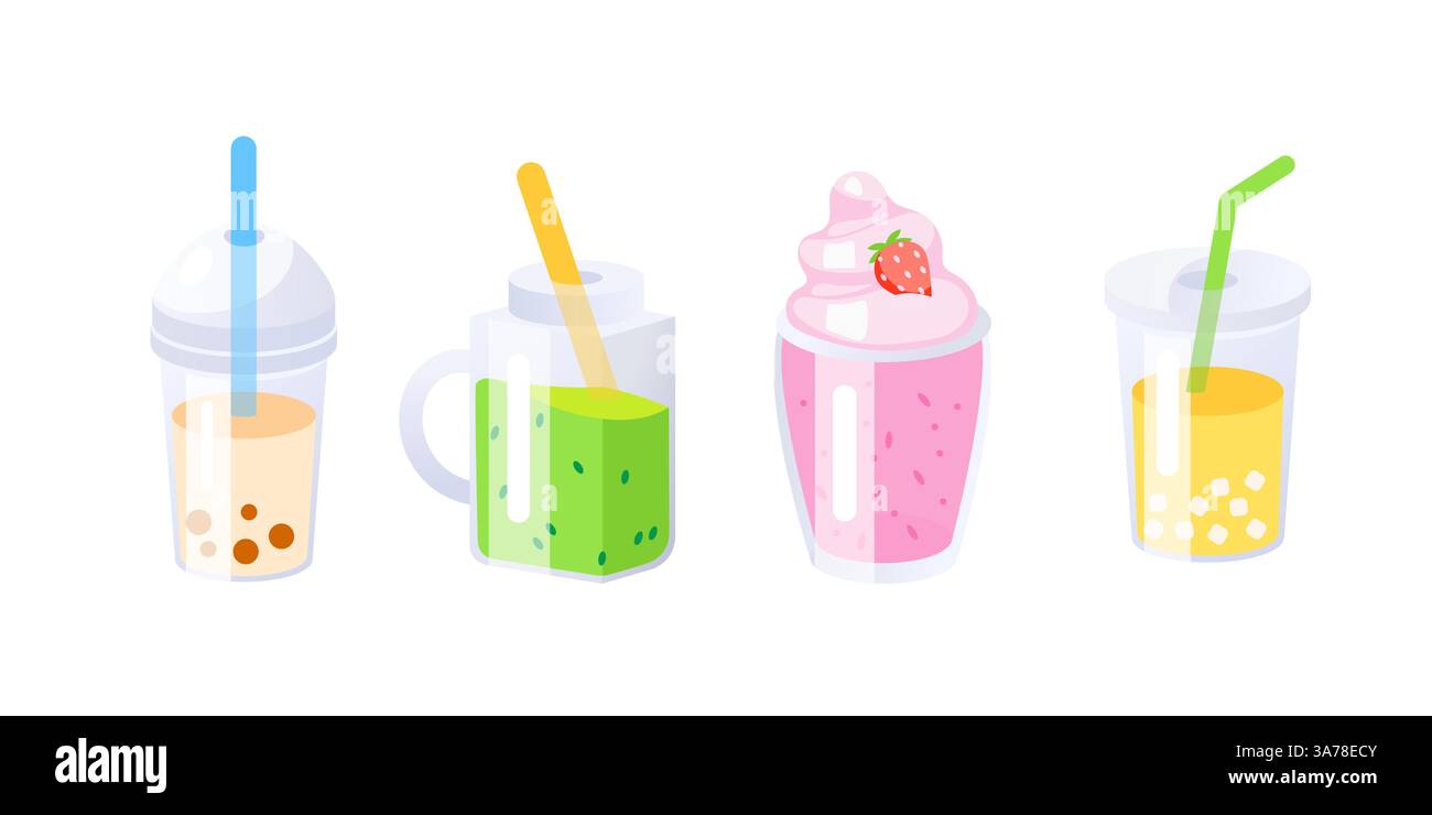 Bubble and Milk tea set. Juice cup. Tea tasty takeaway, tapioca splash ...