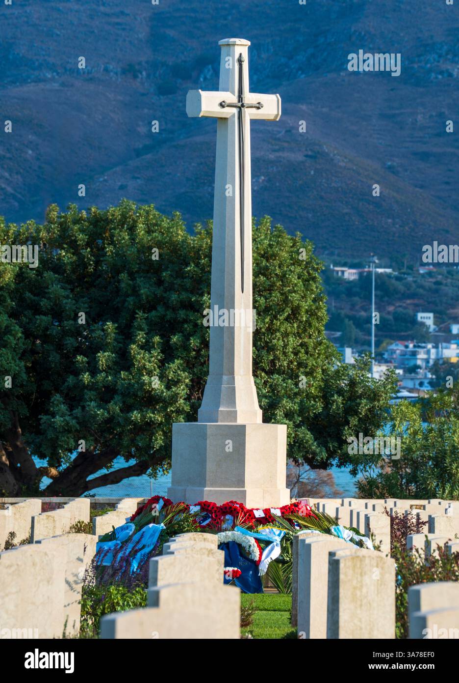 This image shows a war cemetery, likely a Commonwealth War Graves ...