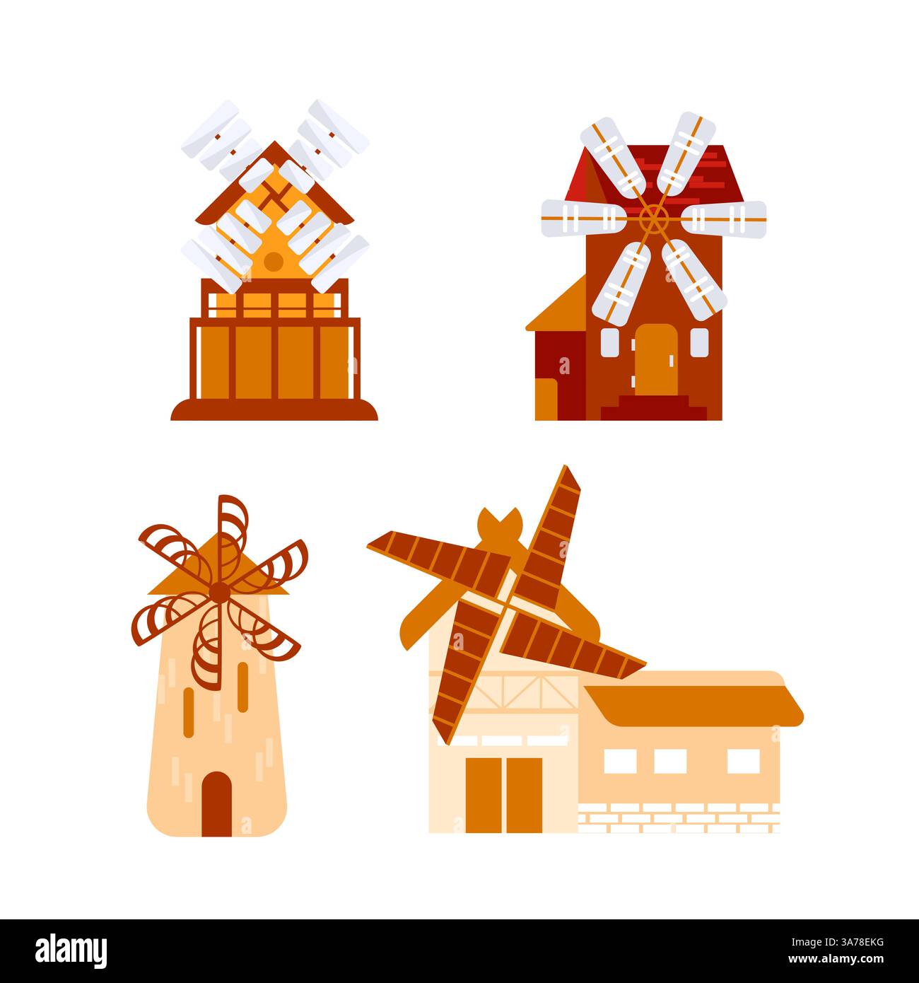 Old windmills set. Millstones for grain or bread processing. Vintage ...