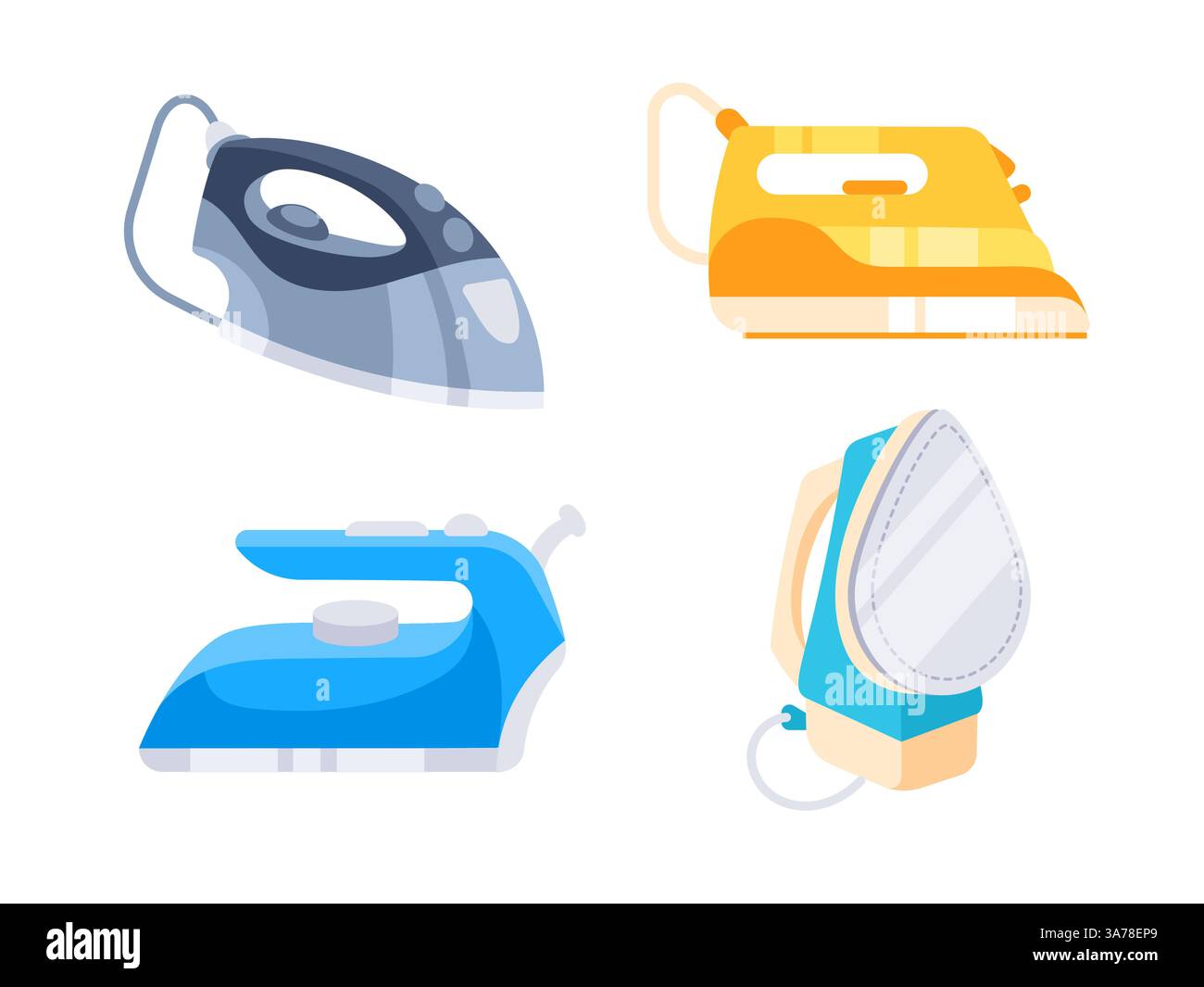 Four different types of irons are shown in a row. The irons are blue ...