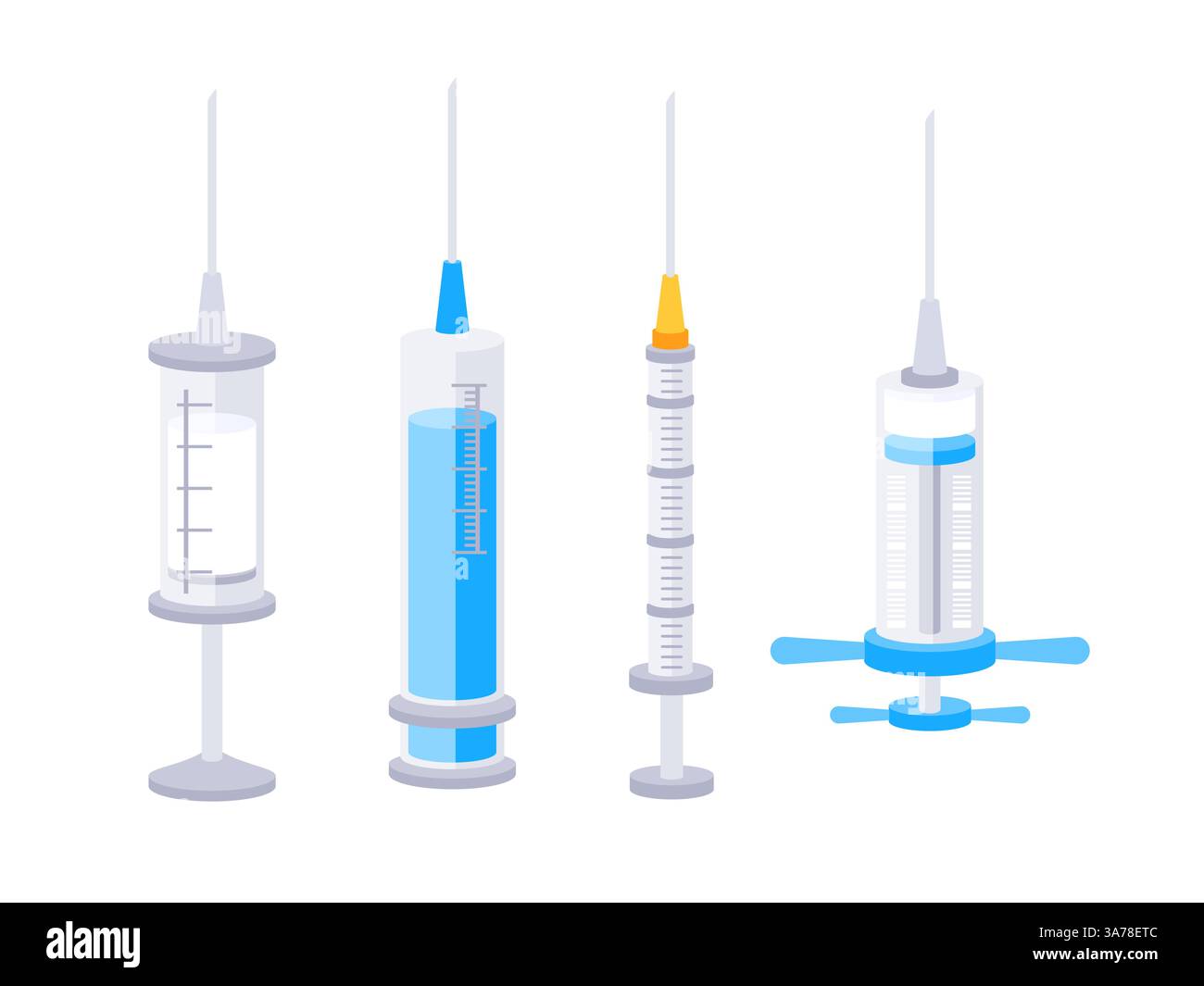 Syringes set. Medical plastic syringes of different sizes. Subcutaneous ...