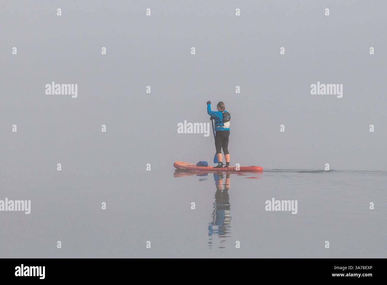A Lone Female Stand Up Paddleboarder in Sunshine on a Flat Calm Loch on ...