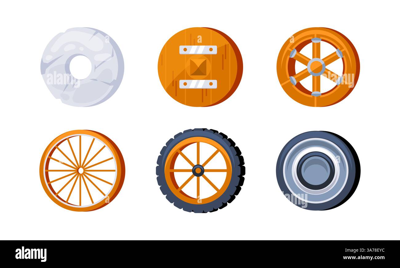 Set of wheels showing the evolution of this essential invention, from a ...