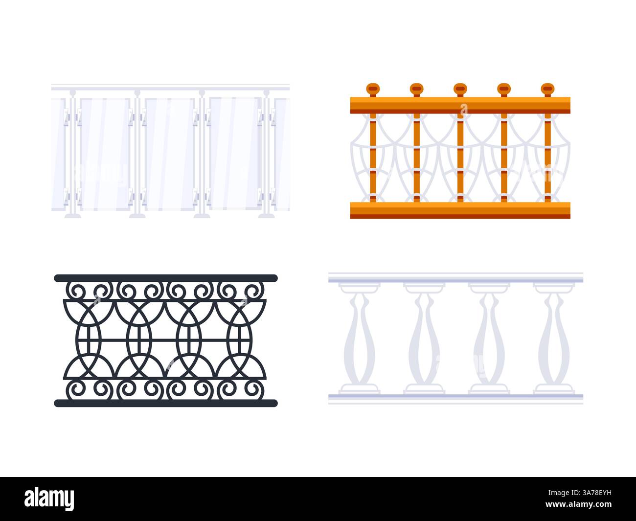 Set of balcony railing is showing different design and material using ...