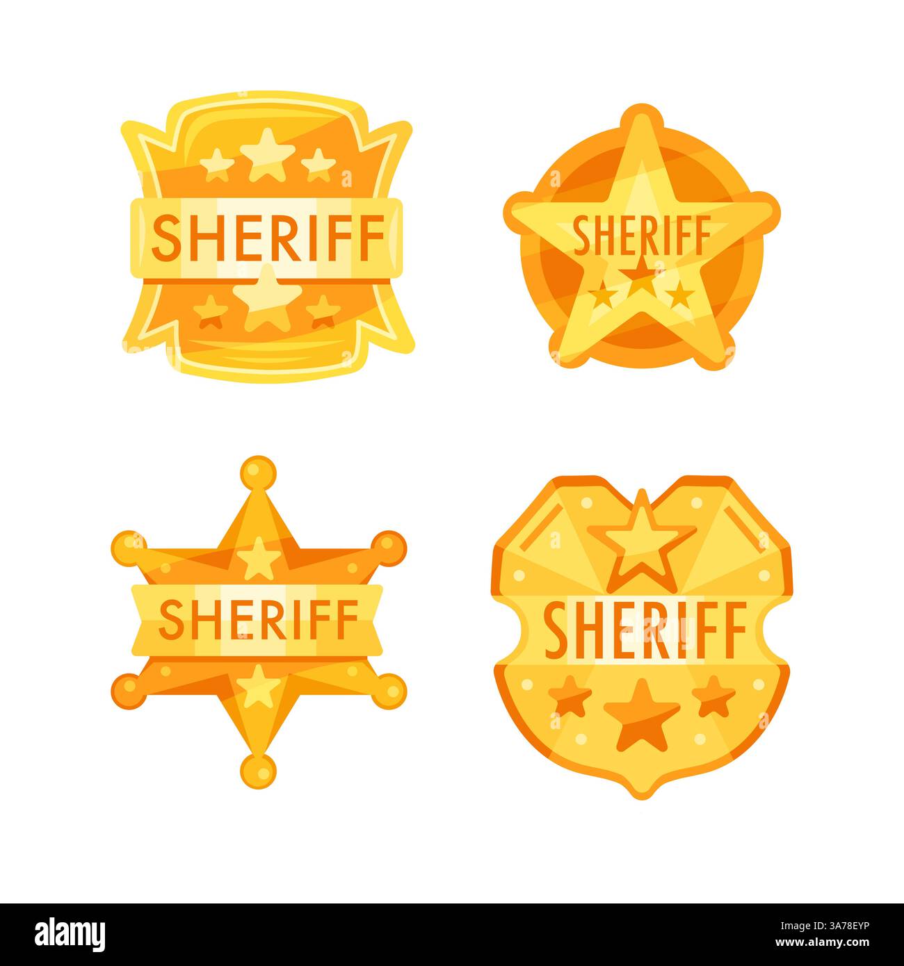 Four golden sheriff badges with stars are representing law enforcement ...