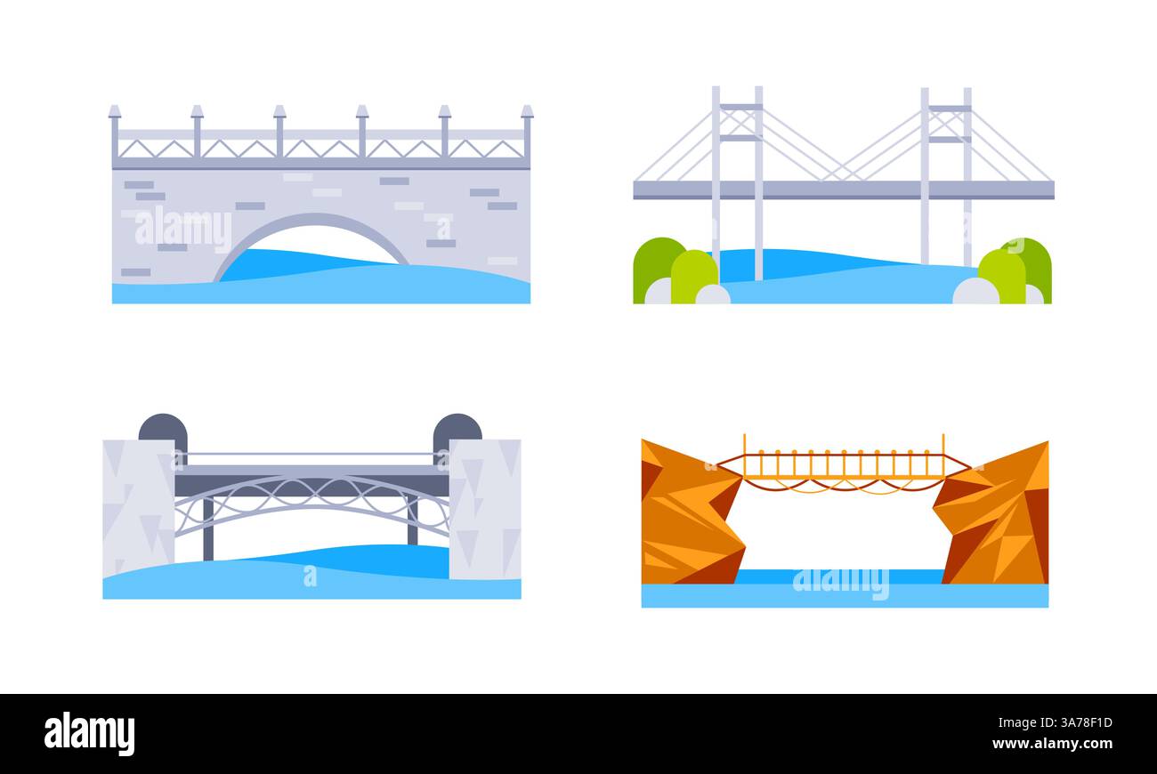 Types of bridge set. Architectural connecting structures. Constructions ...