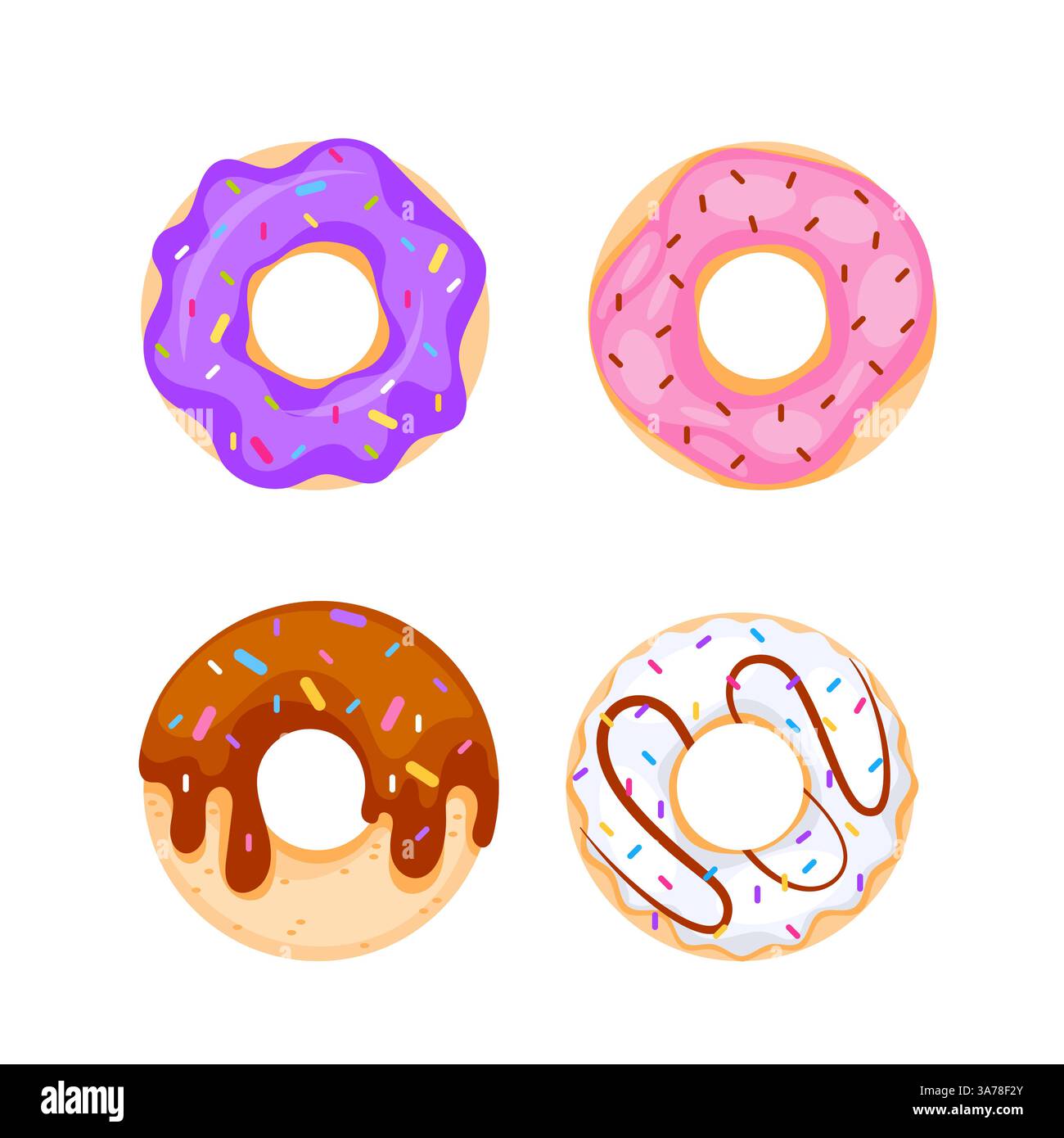 Cartoon donuts with different toppings. Donut cake set. Delicious sweet ...