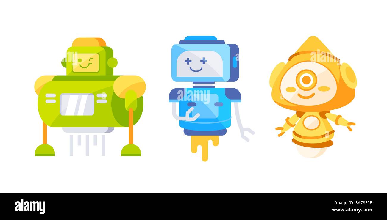 Robot toy. Happy funny cartoon childish robots. Childish futuristic bot ...