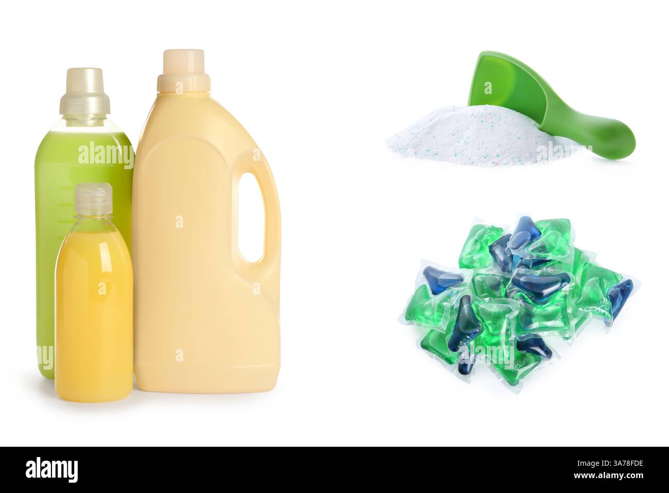 Fabric softeners in bottles, washing powder and laundry detergent pods ...