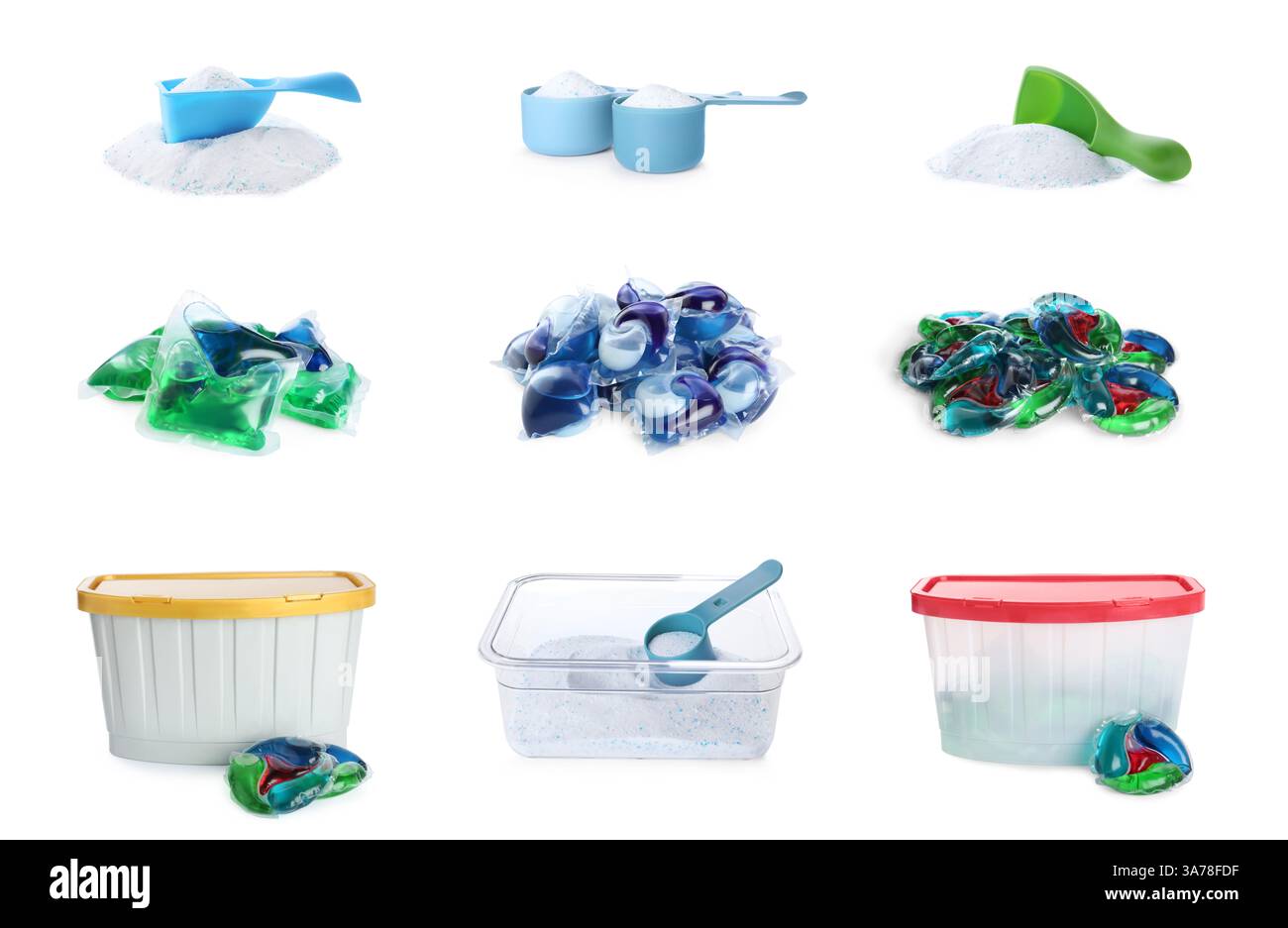 Laundry detergent pods and washing powder isolated on white, set Stock ...