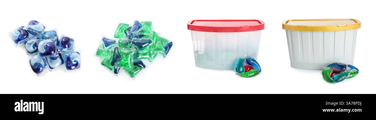 Laundry detergent pods and washing powder isolated on white, set Stock ...
