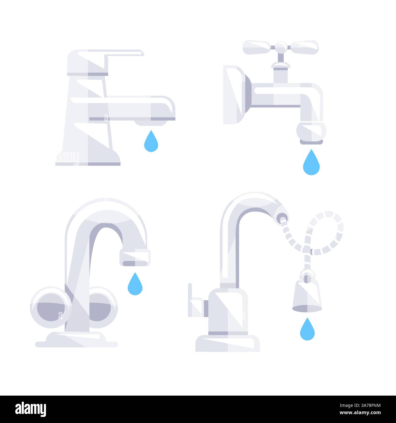 Four different illustrations of water taps leaking water drops ...