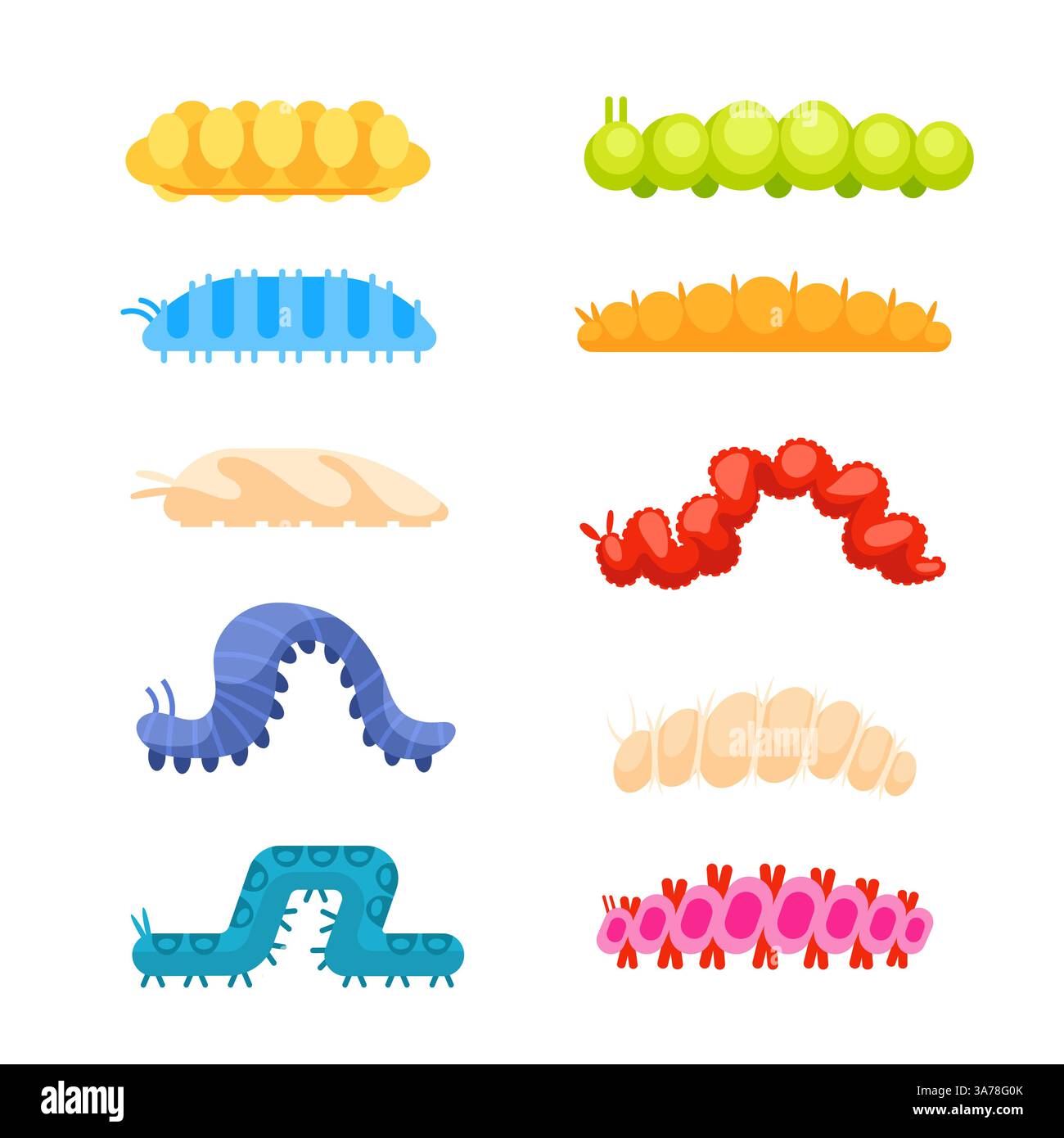 Set of colorful caterpillars crawling and smiling cartoon bug character ...