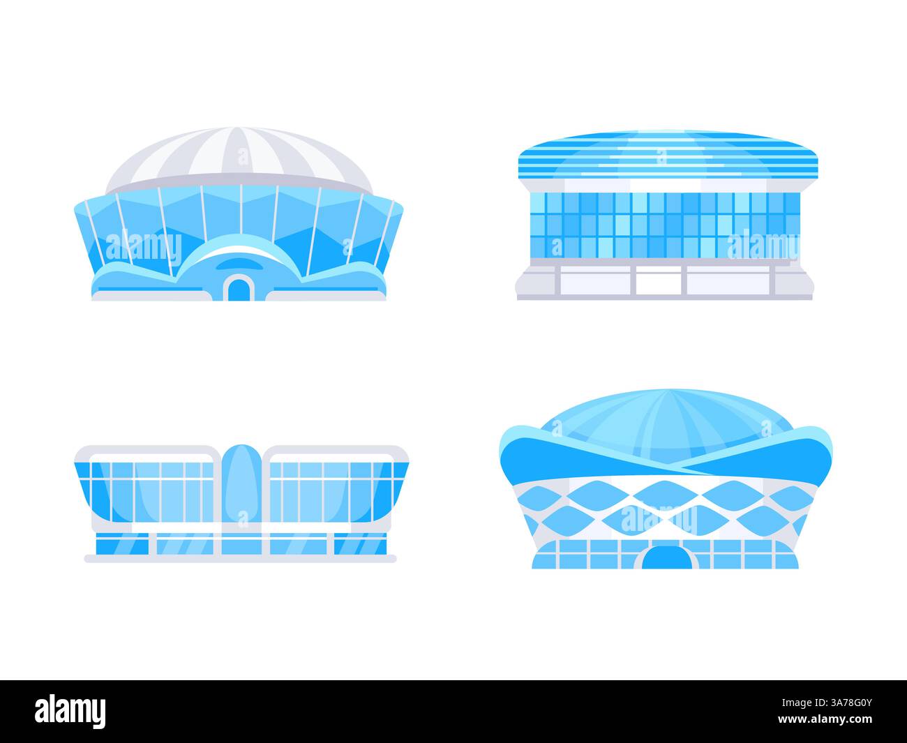 Set of four modern stadiums and arenas with sleek designs, showcasing ...