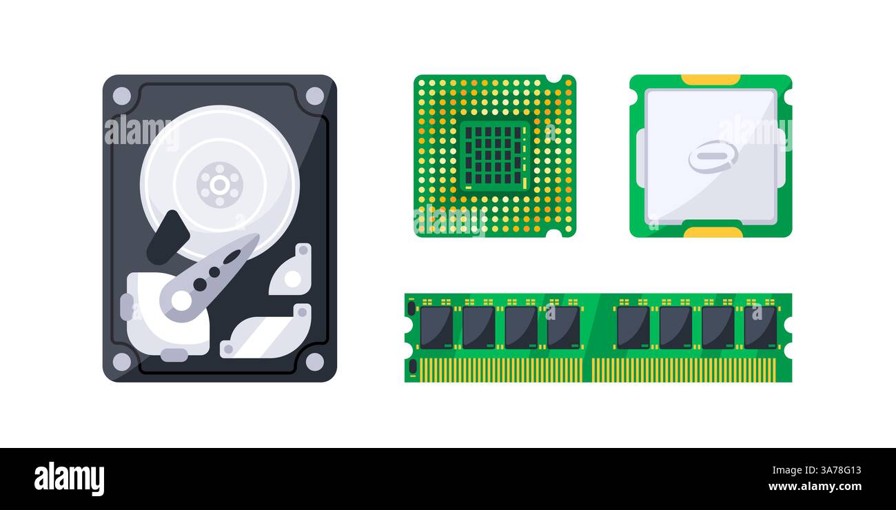 Essential computer hardware components laying on a white background including cpu, gpu, ram and ...
