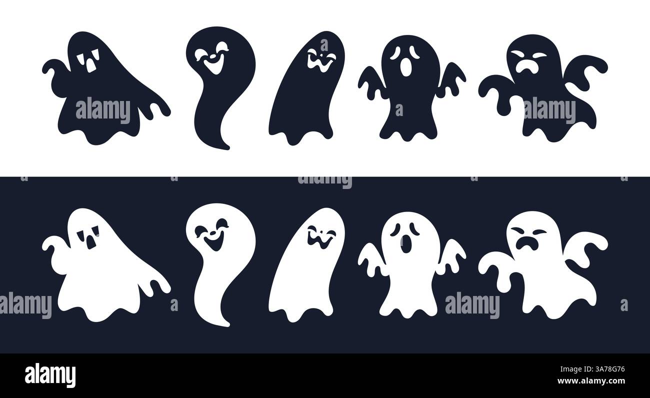 Collection of cute ghosts floating with different facial expressions, screaming, laughing and ...