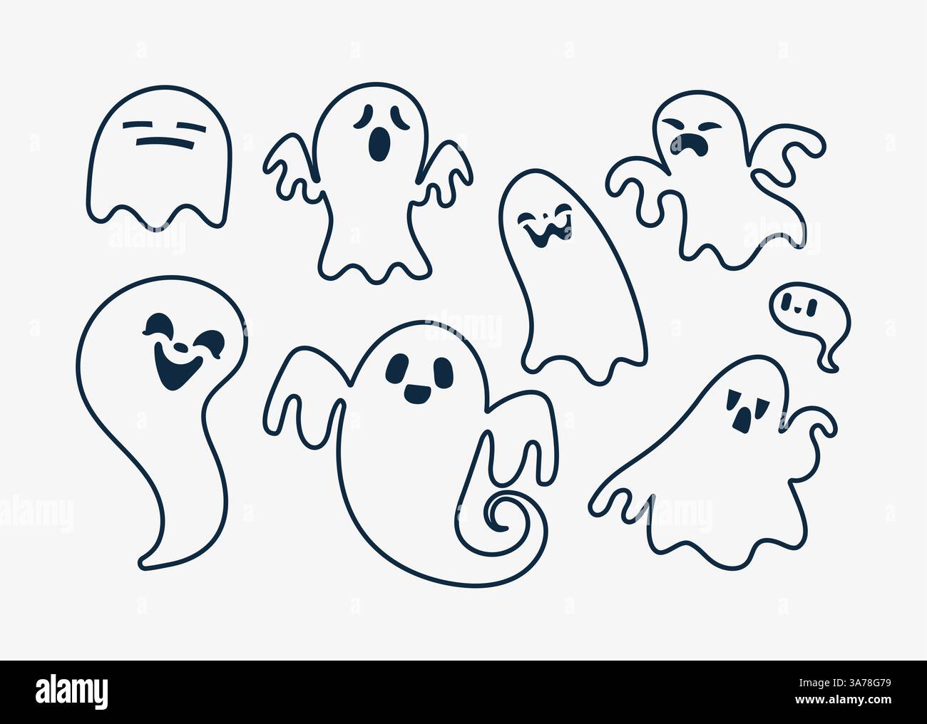 Line art illustration of eight cute ghosts with different expressions ...