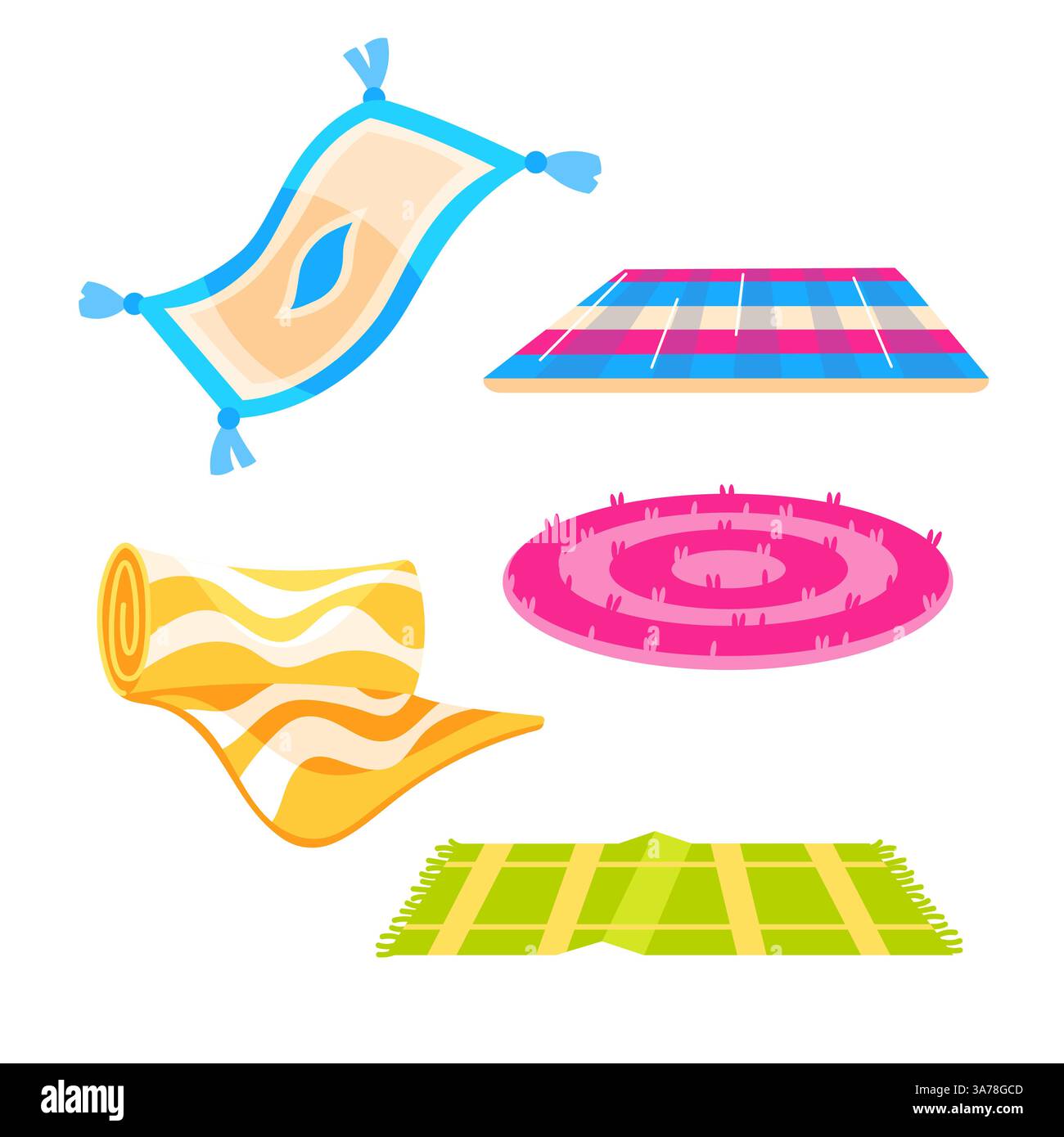 Set of different colorful carpets and rugs lying on the floor, interior ...