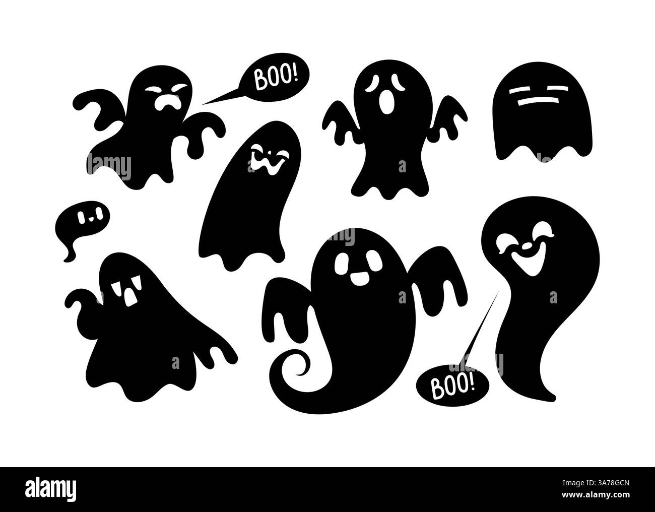 Collection of cute cartoon ghosts with different expressions, perfect ...