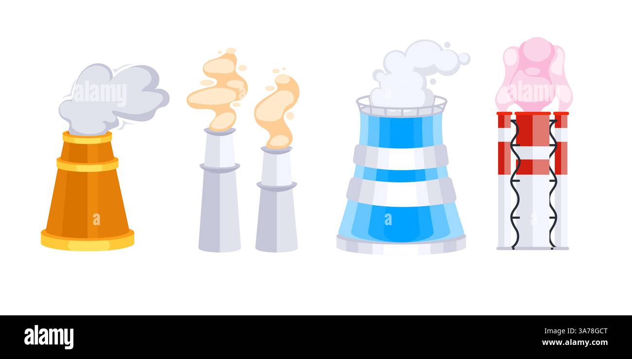 Colorful set of industrial chimneys emitting smoke pollution from ...