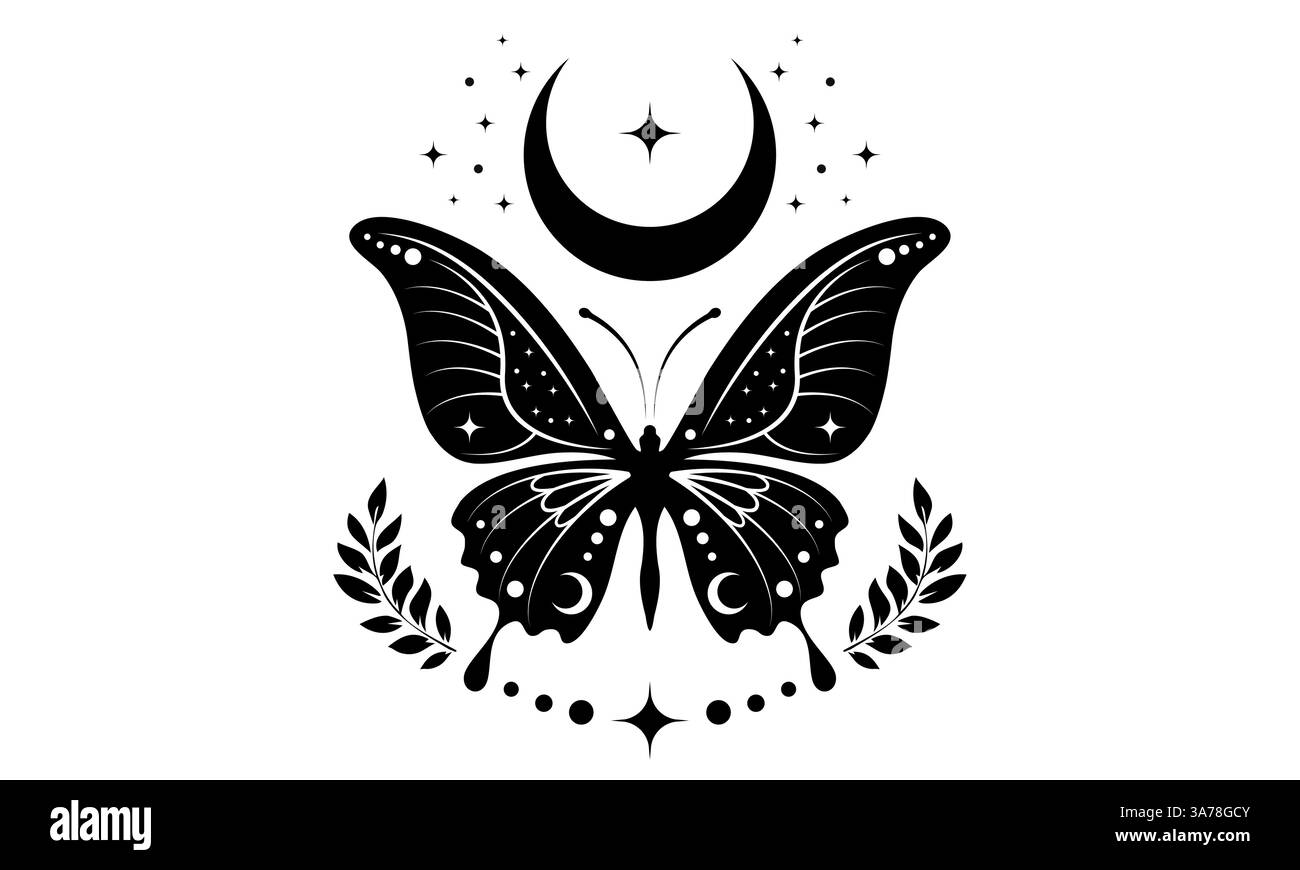 mystical butterfly and celestial crescent moon symbol. Pagan wiccan ...