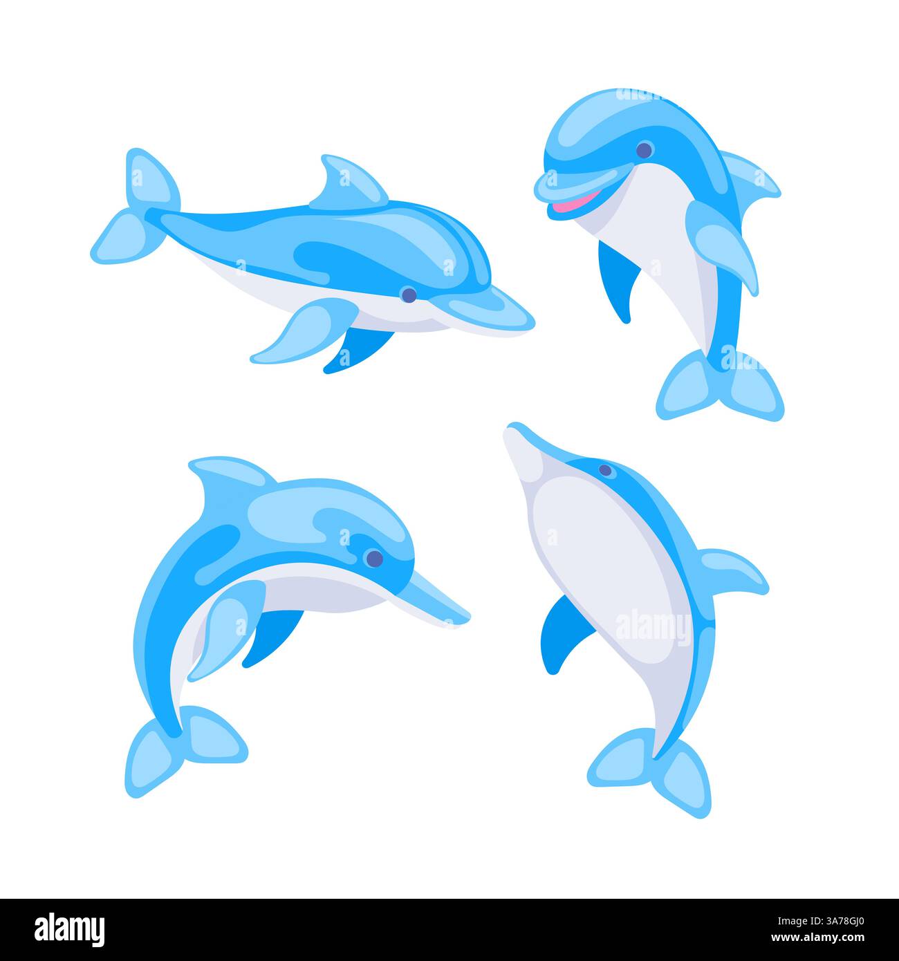 Four cute cartoon dolphins in different poses swimming and jumping on a ...