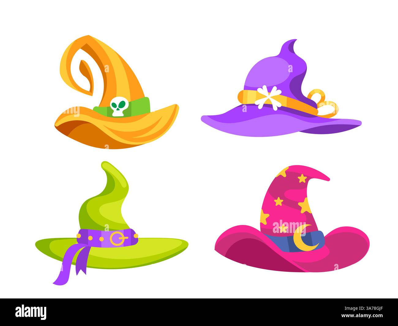 Four colorful witch hats showing halloween symbols are isolated on a ...