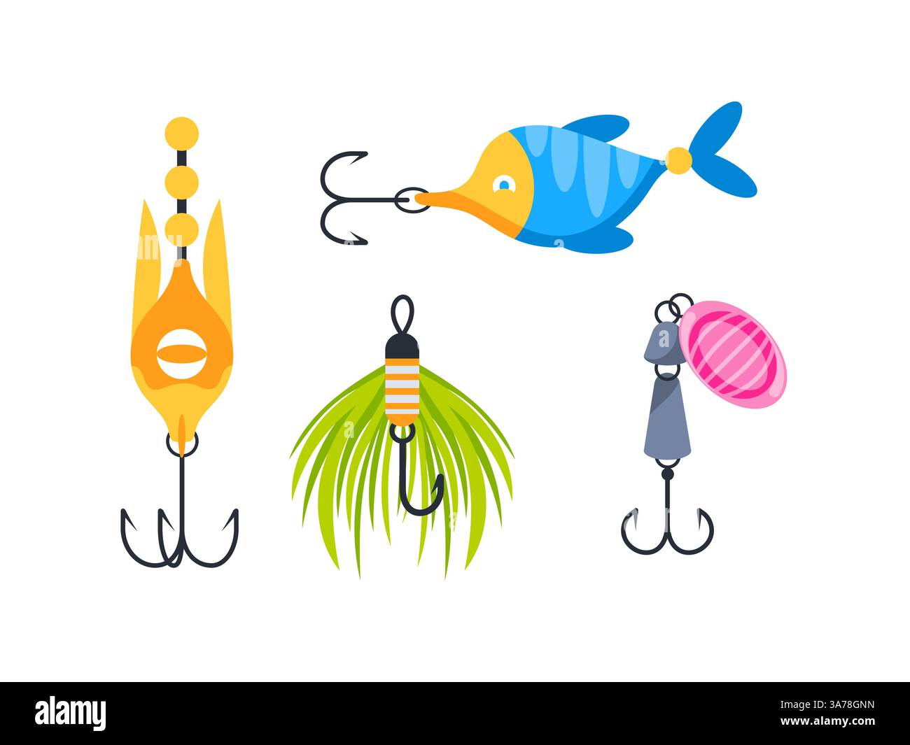 Different types and shapes of fishing lures with sharp hooks, for ...