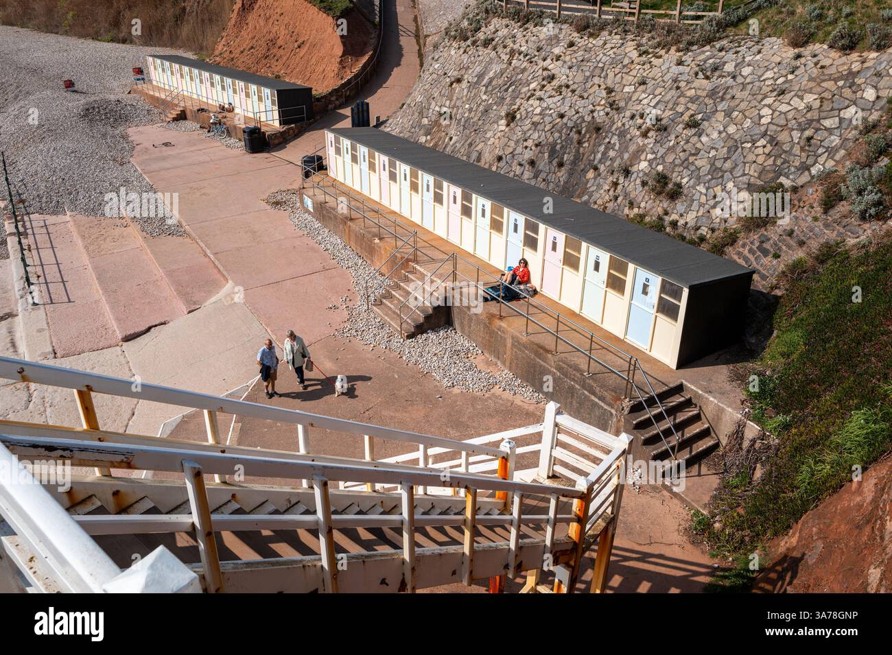 View from Jacobs Ladder of beach huts and people relaxing on a sunny ...