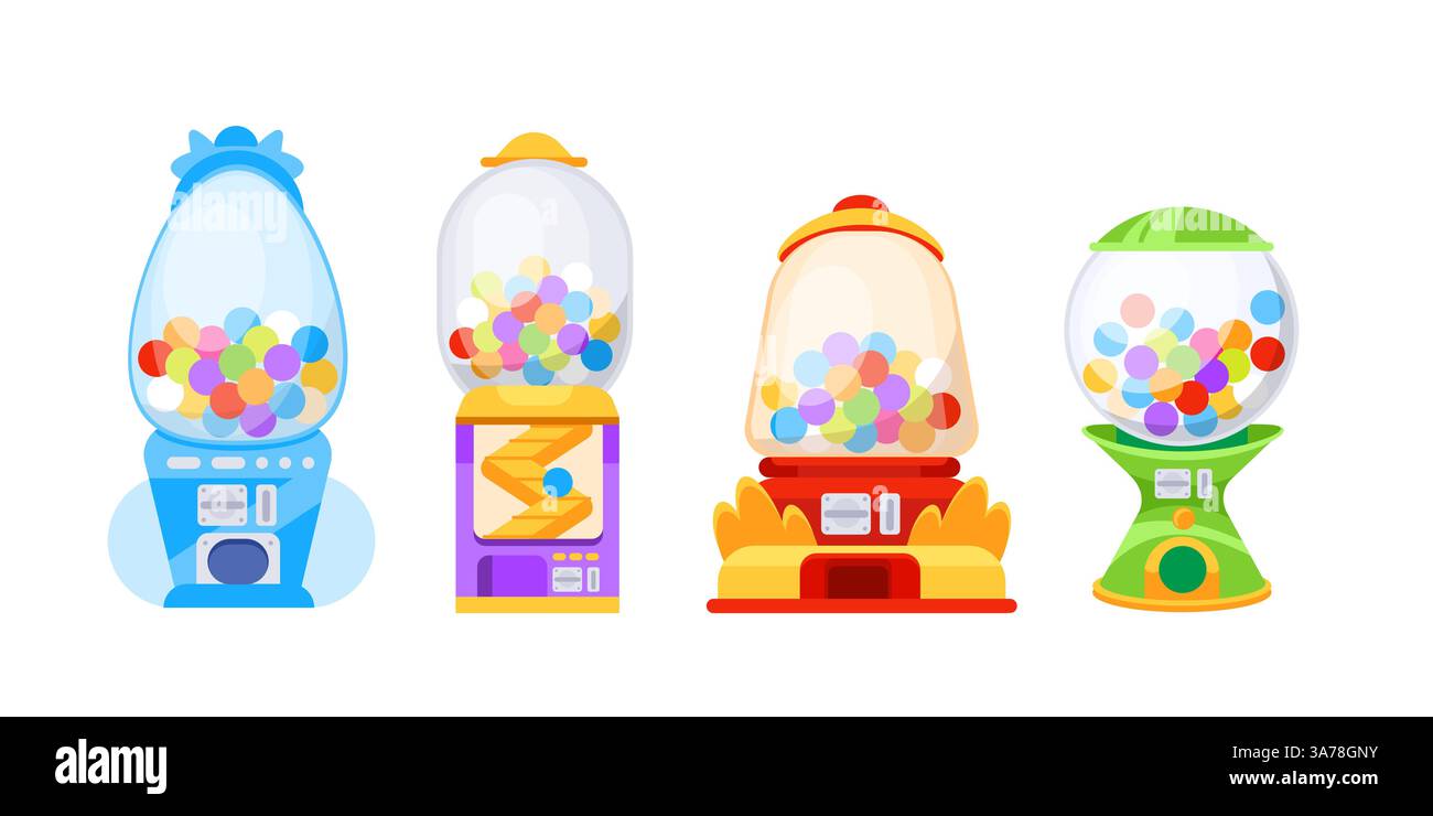Four colorful gumball vending machines dispensing sweet candy, isolated ...