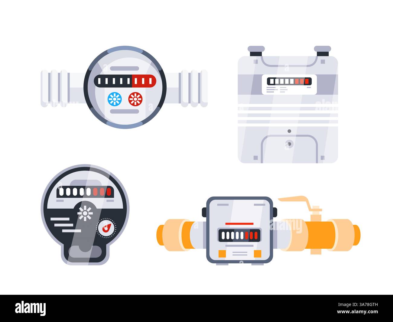Different types of water meters are shown, measuring the amount of ...