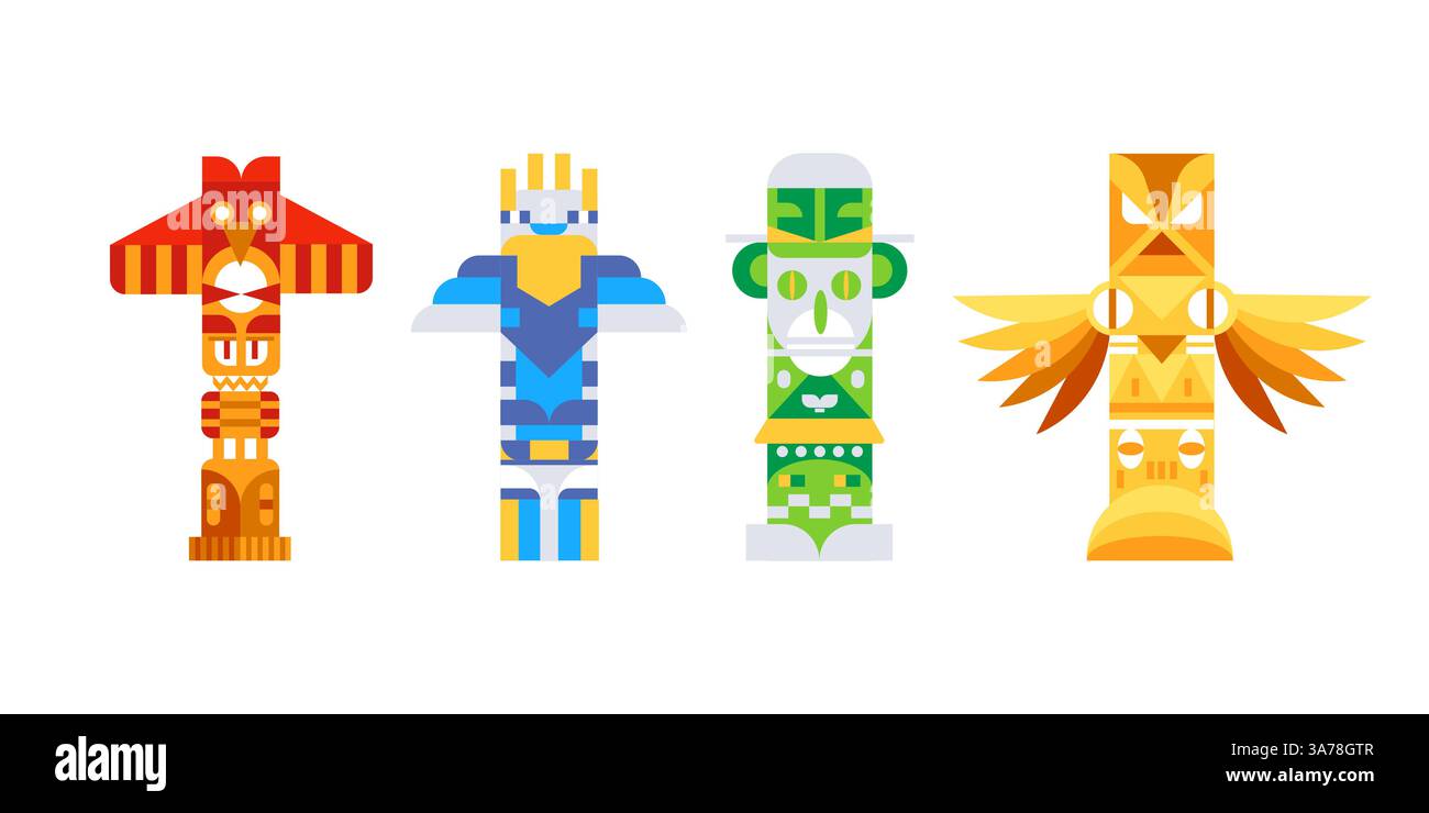 Four colorful totem poles are standing on a white background ...