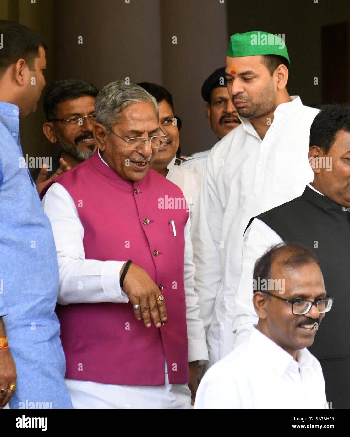 PATNA, INDIA - MARCH 26: RJD MLA Tej Pratap Yadav with Bihar Assembly Speaker Nand Kishore Yadav ...