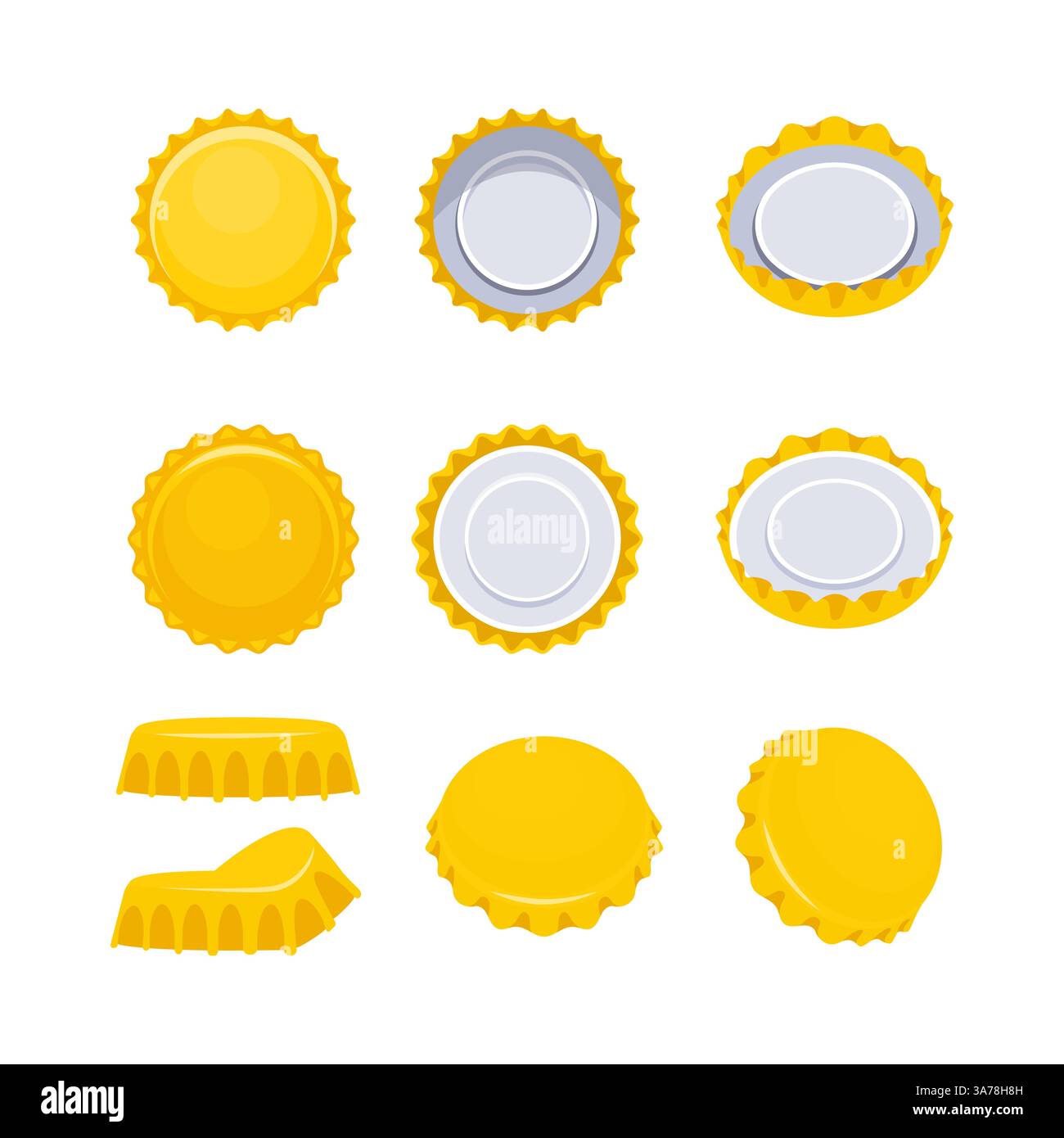 Nine yellow bottle caps lying in different positions, isolated on white ...