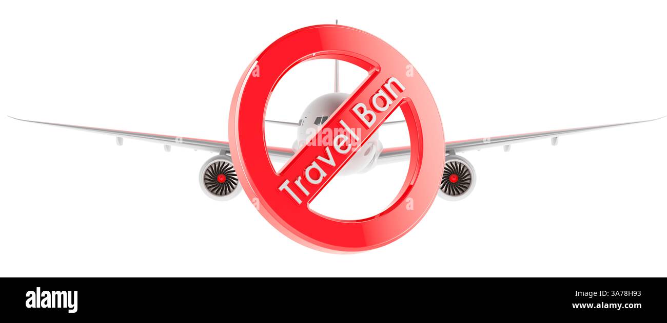 Forbidden sign with airplane. Travel ban, concept. 3D rendering ...