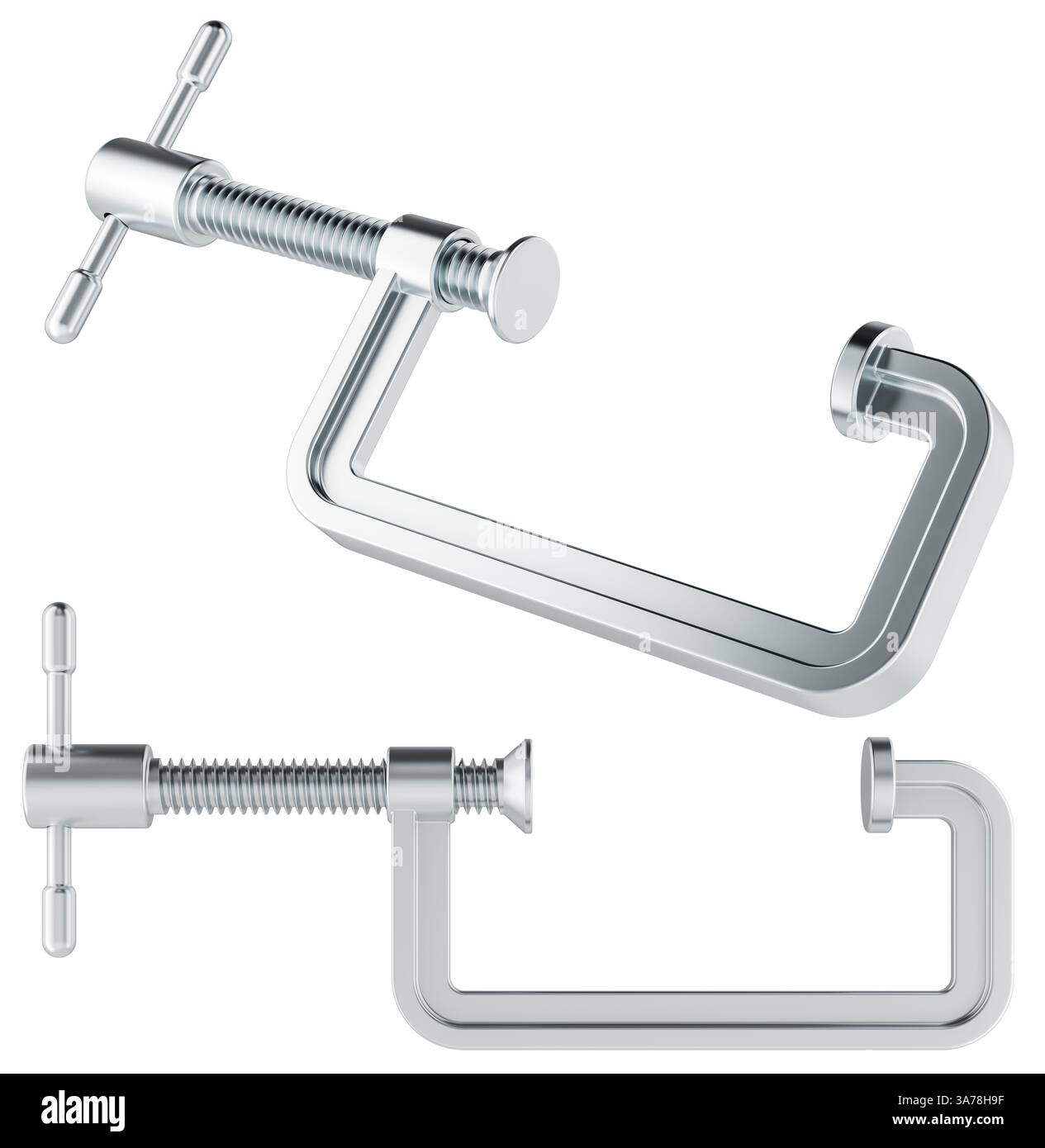 Steel C-Clamps, different views. 3D rendering isolated on white ...