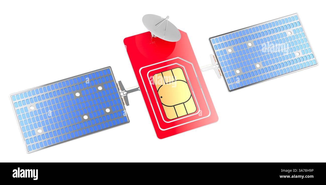 Satellite with sim card, 3D rendering isolated on white background ...