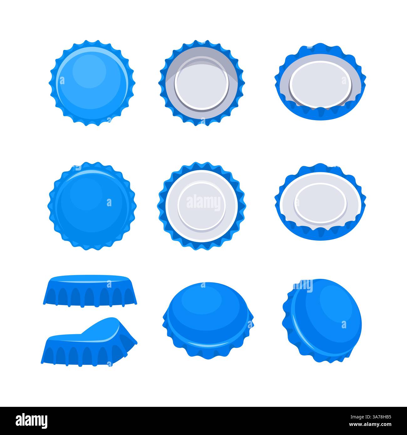 Shiny blue bottle caps in various positions on white background, new ...