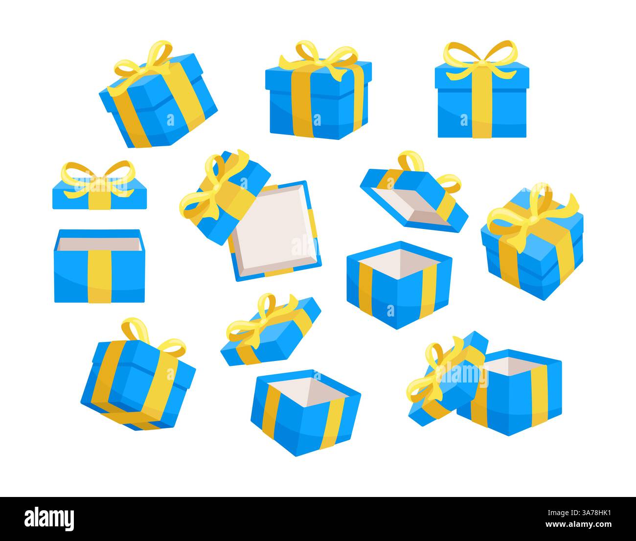 Set of blue gift boxes with yellow ribbons are floating and rotating ...