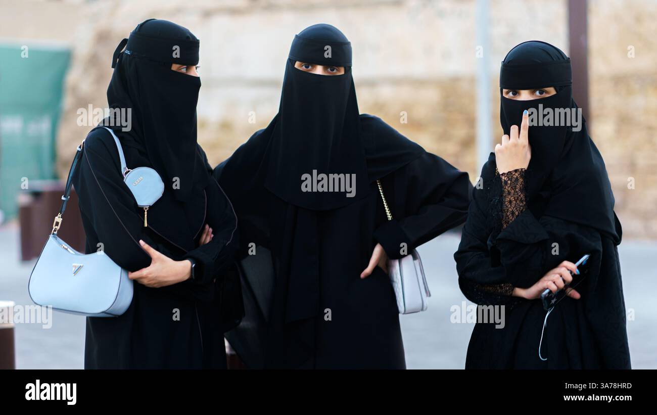 Jeddah, Saudi Arabia - Mar 08 2023, view of three arab girls dressed in ...