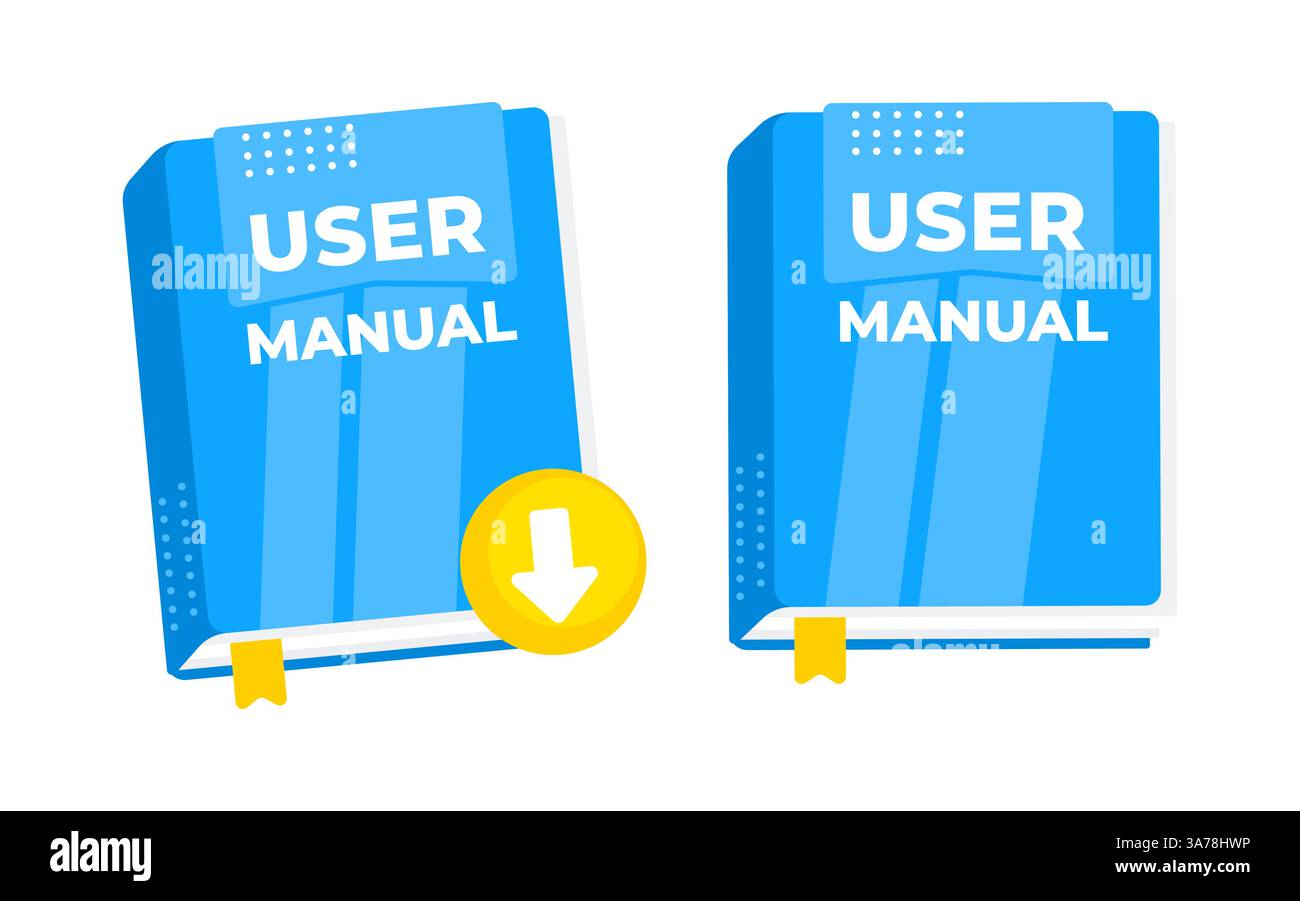 Two blue user manuals, one with a download symbol, illustrating the ...