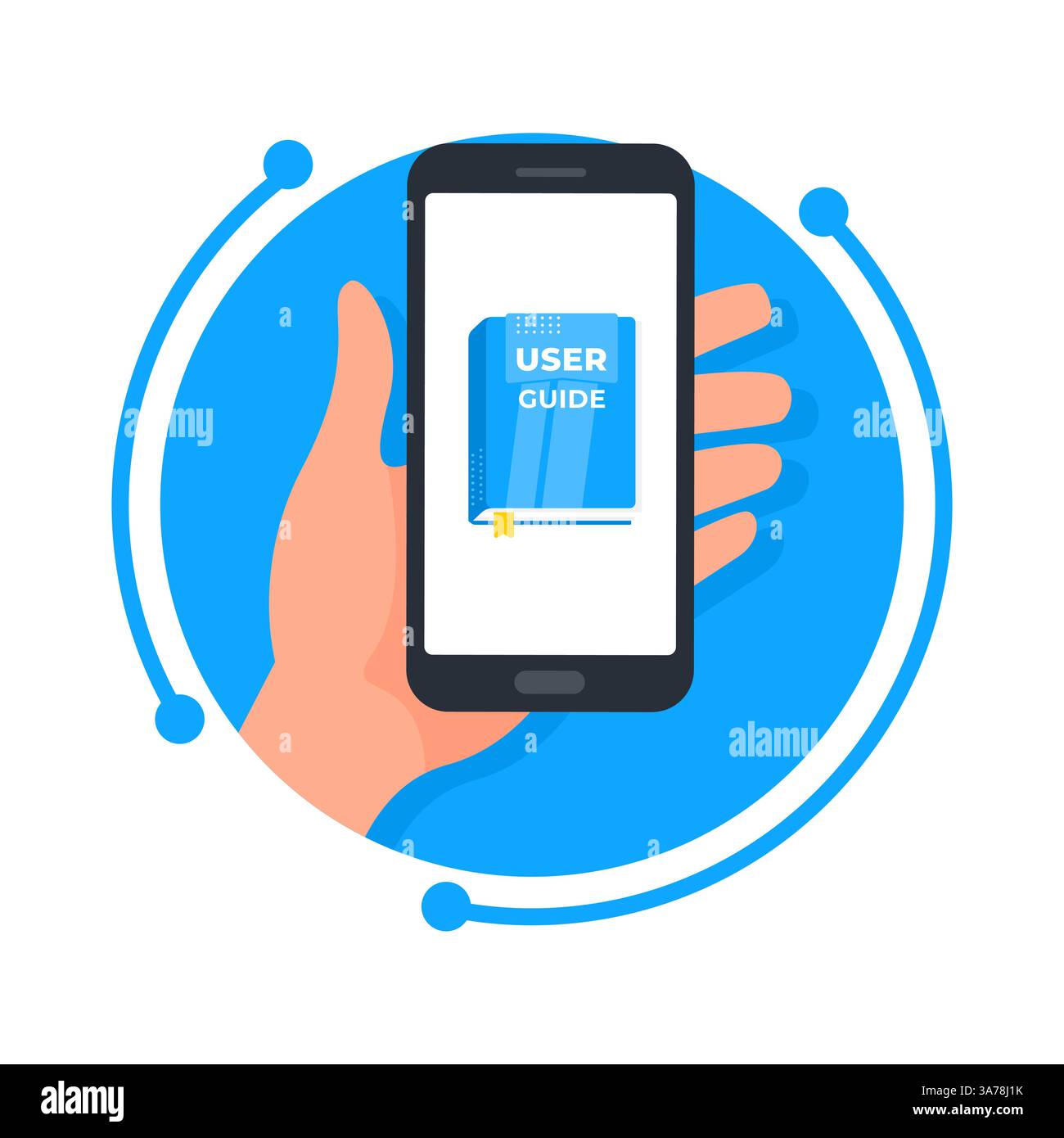 Hand holding smartphone showing user guide on screen, online manual ...