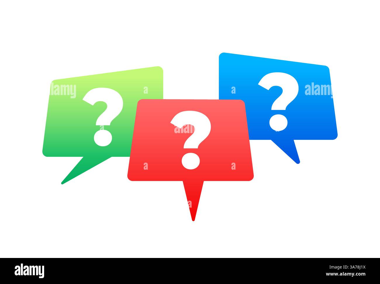 Three speech bubbles with question marks are floating, representing brainstorming and problem ...