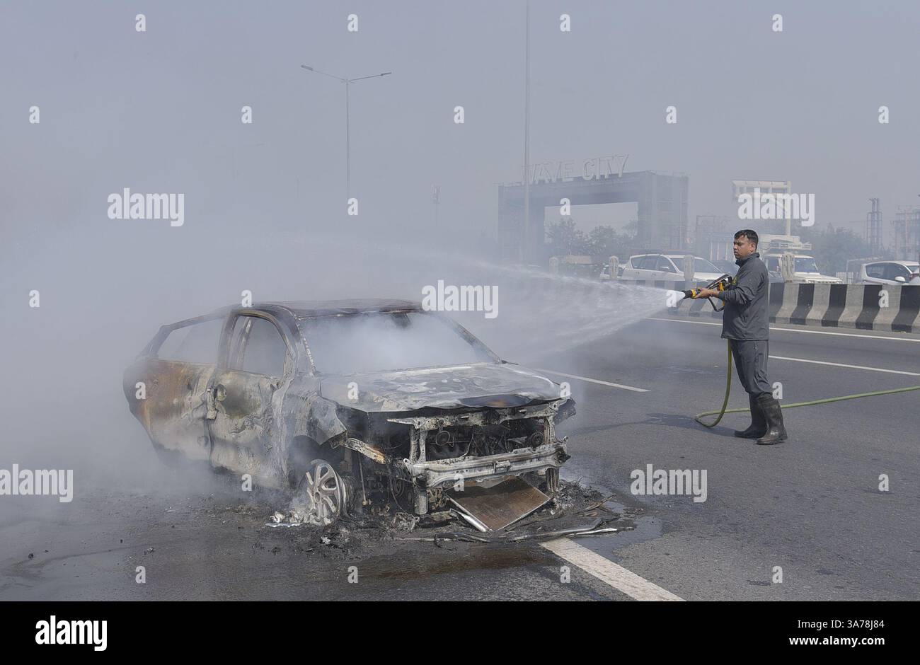GHAZIABAD, INDIA - MARCH 26: On the Delhi Meerut Expressway, a damaged ...