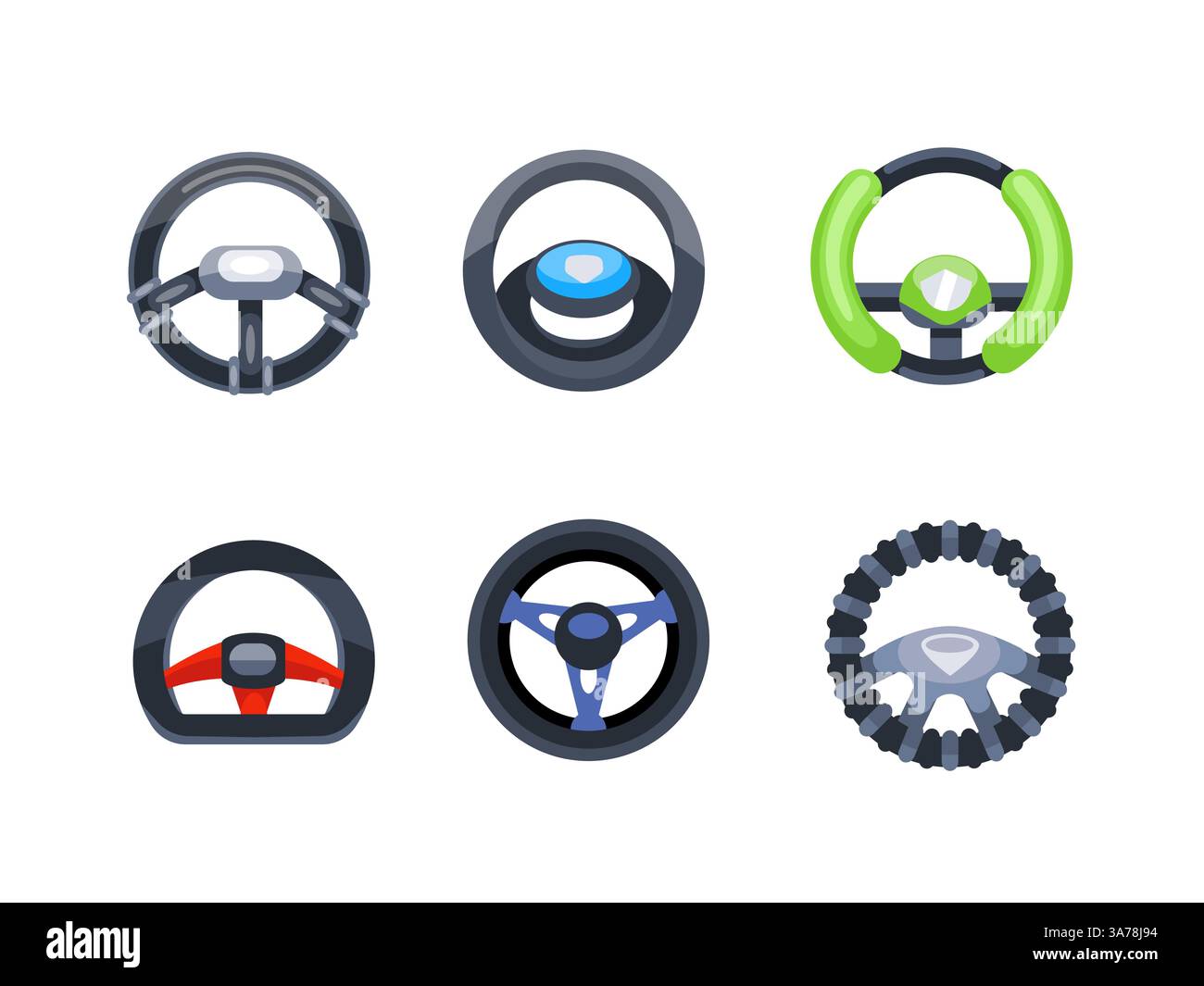 Set of six steering wheels showing different styles and designs for ...