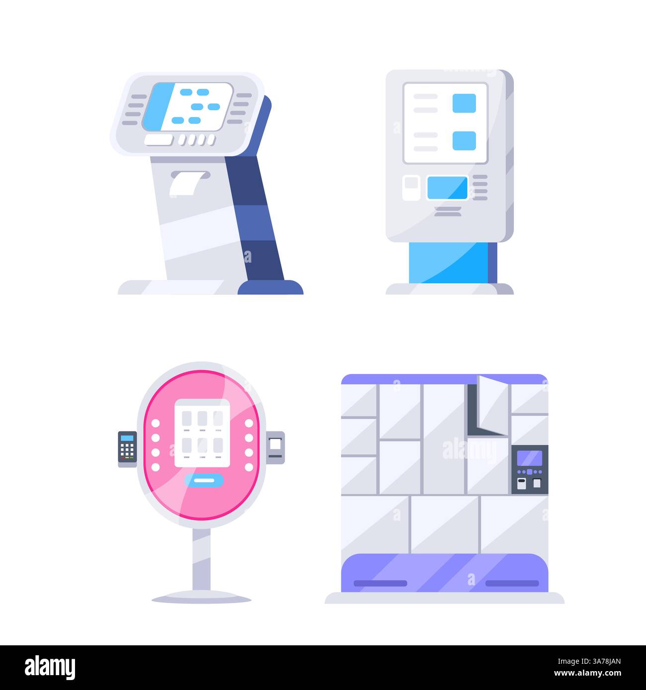 Collection of self service electronic payment machines with touch screen, pos terminal, ticket ...