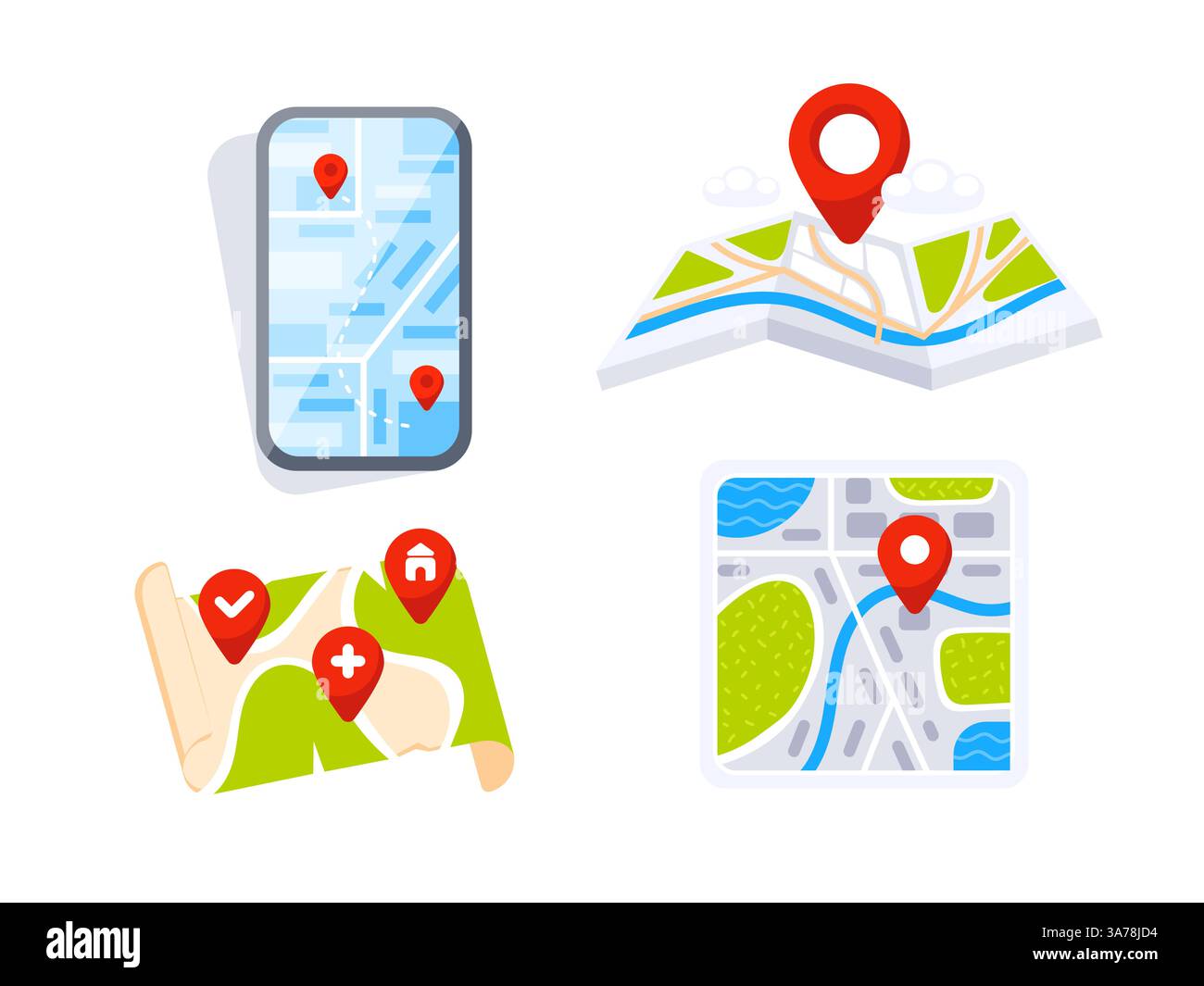 Set of location icons showing different map styles on smartphone and paper for navigation Stock ...