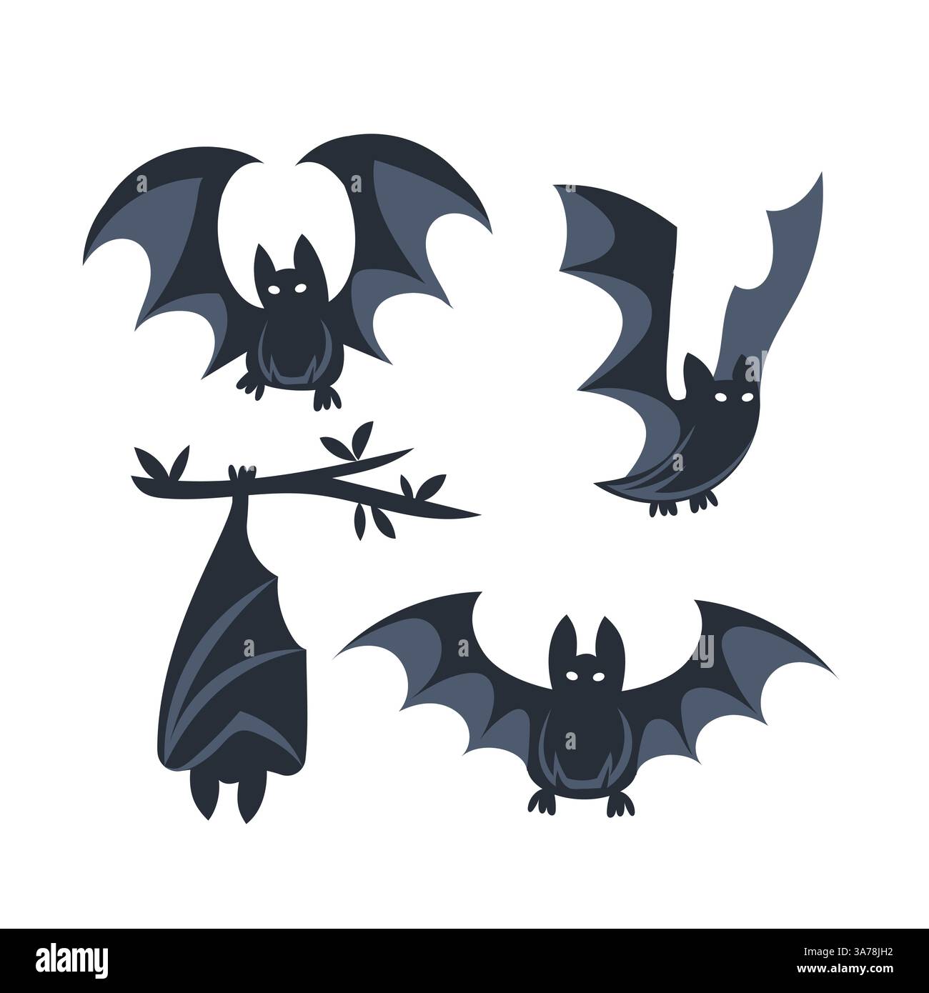 Four different cartoon bats with big eyes flapping their wings and ...